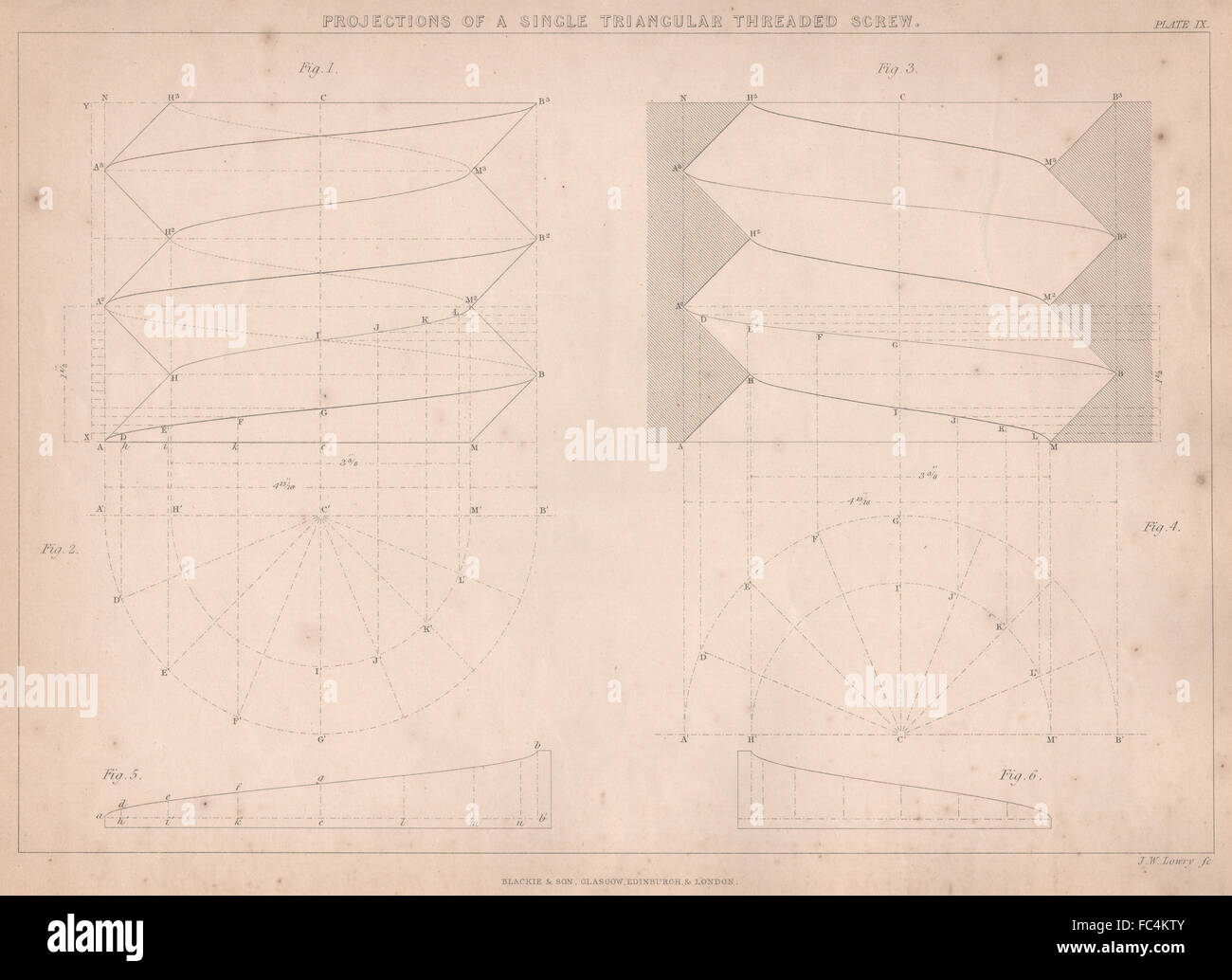 19C ENGINEERING DRAWING. Single triangular threaded screw & nut ...