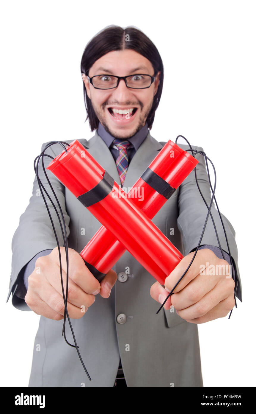 Young businessman holding dynamite isolated on white Stock Photo - Alamy