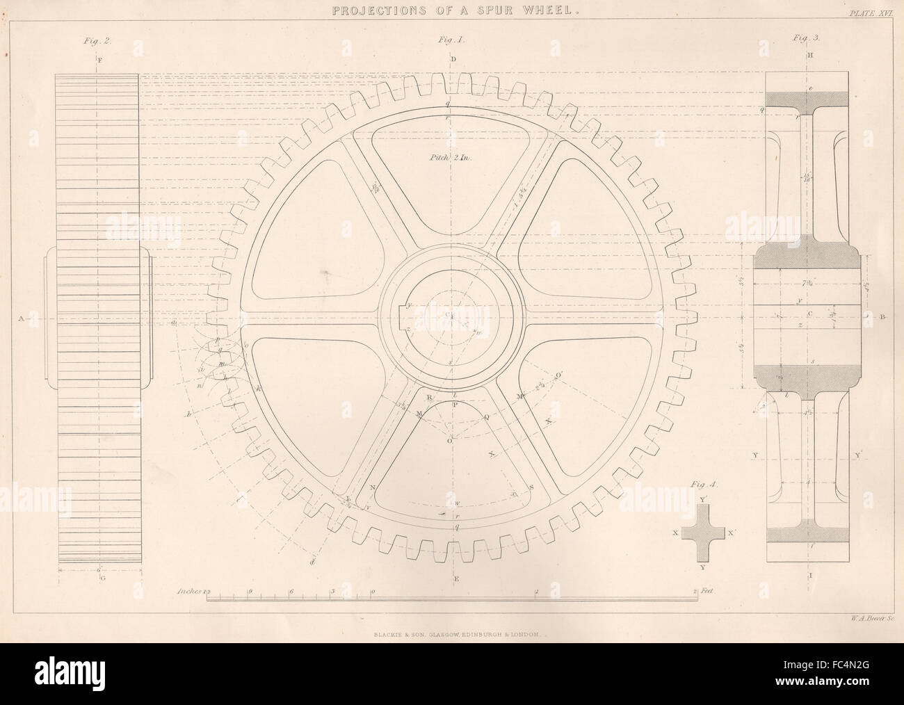 VICTORIAN ENGINEERING DRAWING. Projections of a Spur wheel, antique ...