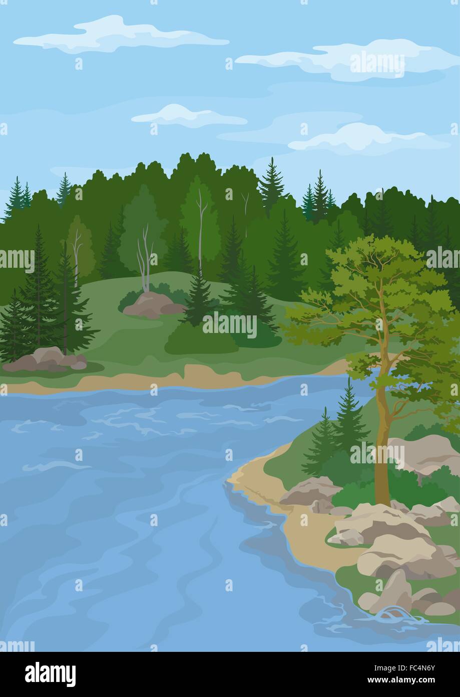 Landscape with Trees and River Stock Vector Image & Art - Alamy