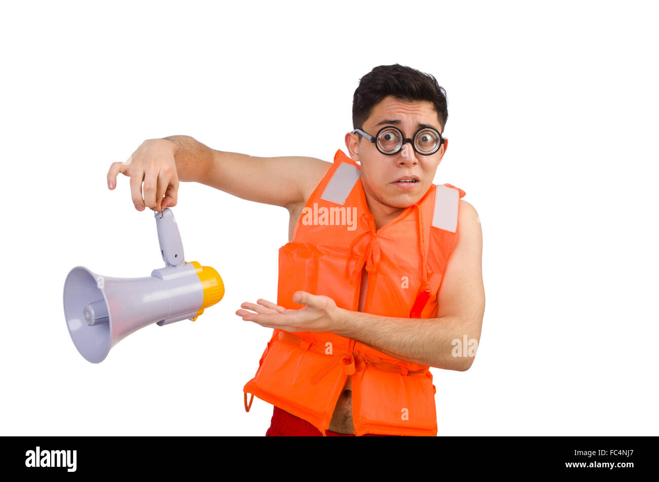 Funny man wearing vest with loudspeaker Stock Photo - Alamy