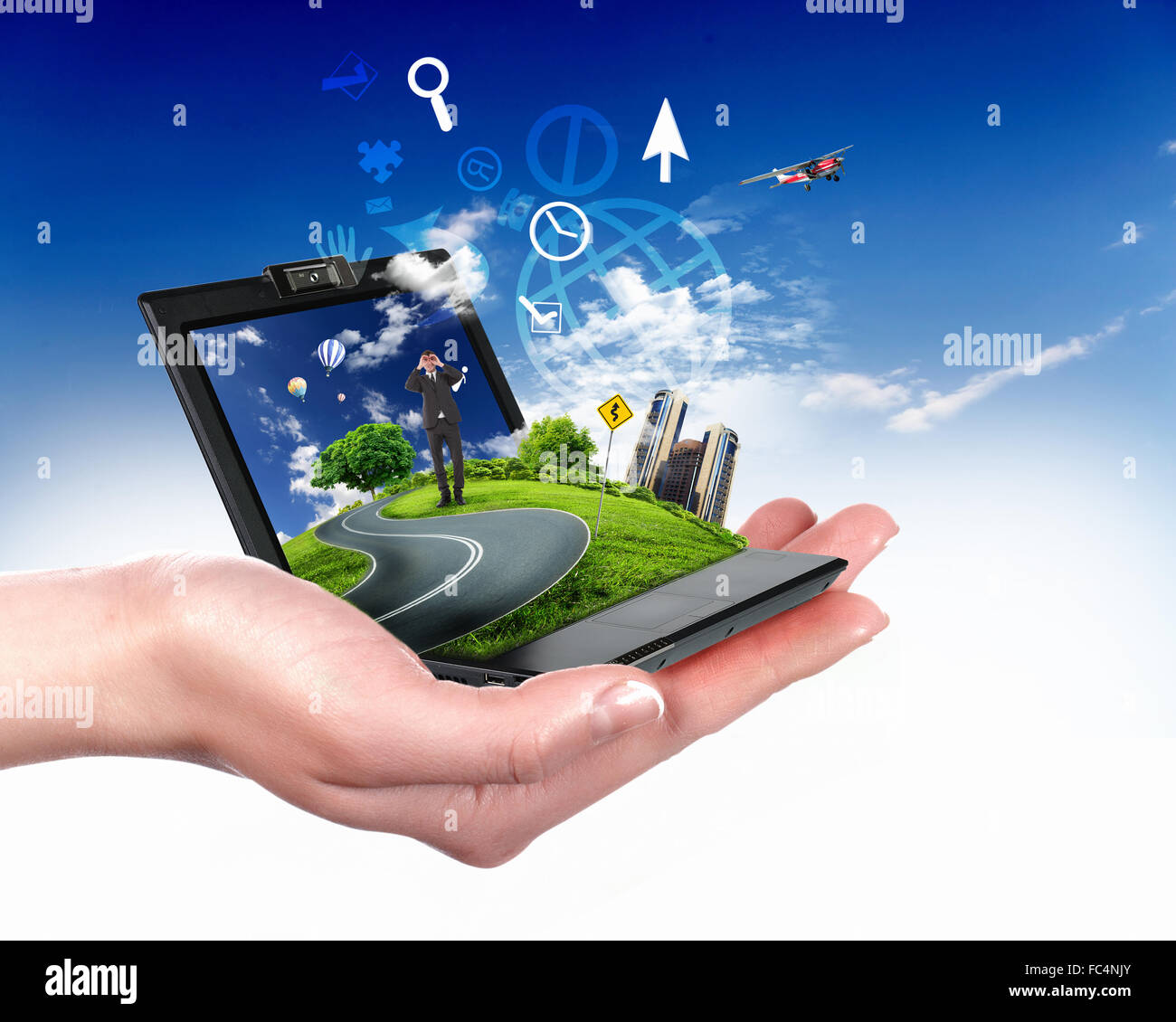 human hand holding notebook and nature landscape in it Stock Photo - Alamy