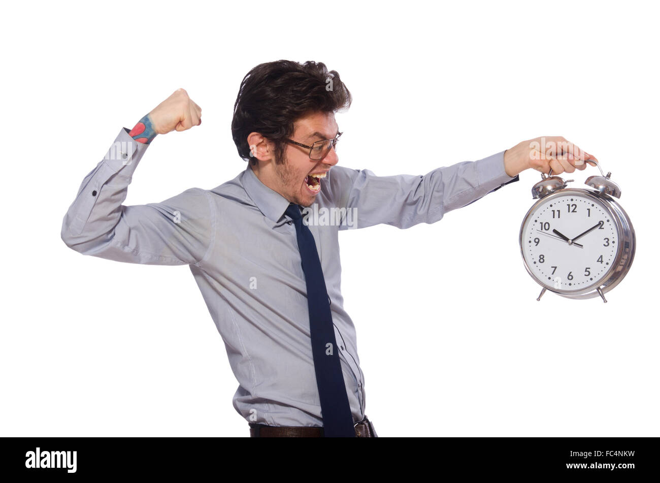 Young businessman with clock isolated on white Stock Photo - Alamy