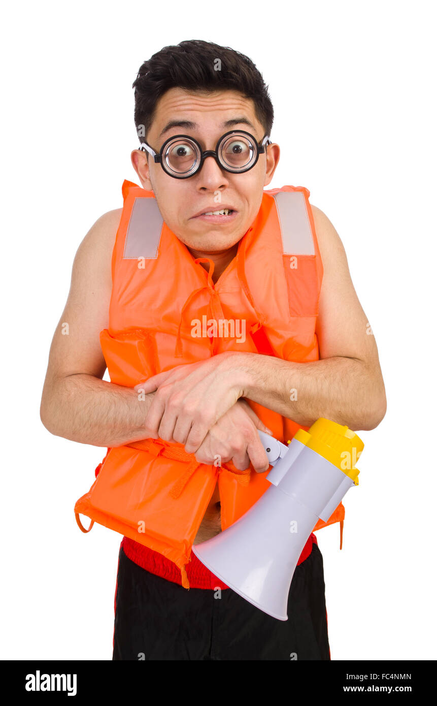 Funny man wearing vest with loudspeaker Stock Photo - Alamy