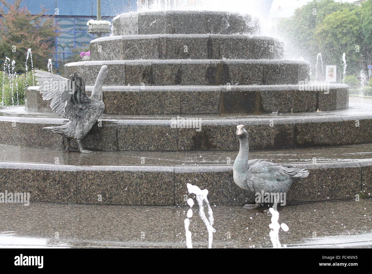 statue of two bronze happy geese play in crystal drops of streams into ...