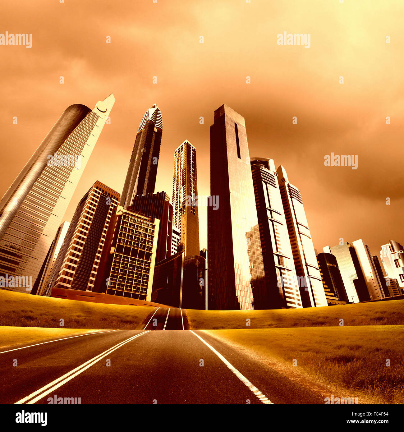 Image of a modern city and road leading to it Stock Photo - Alamy