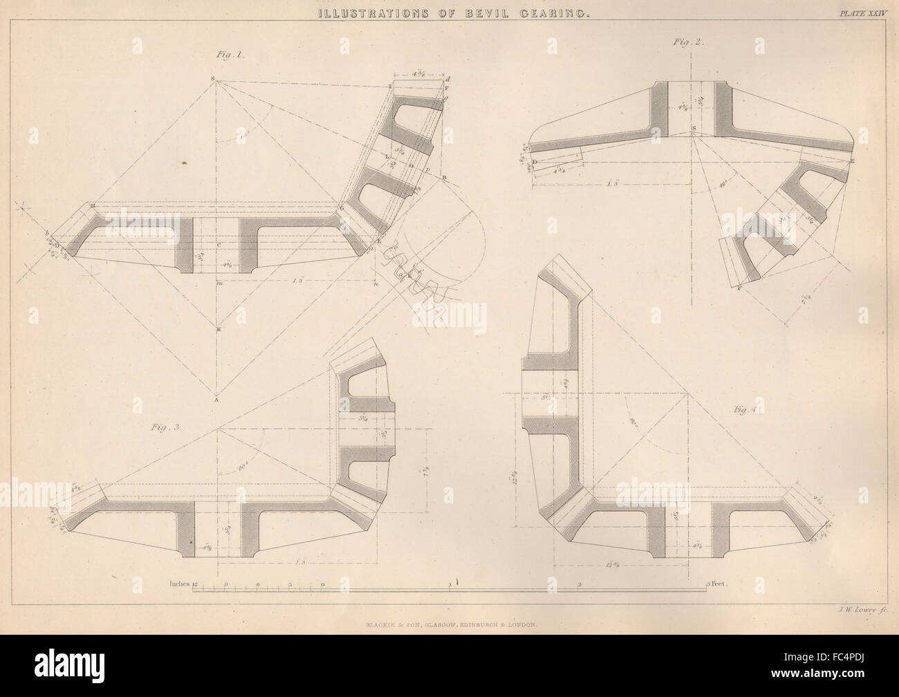 VICTORIAN ENGINEERING DRAWING. Illustrations of Bevil-Gearing, old ...