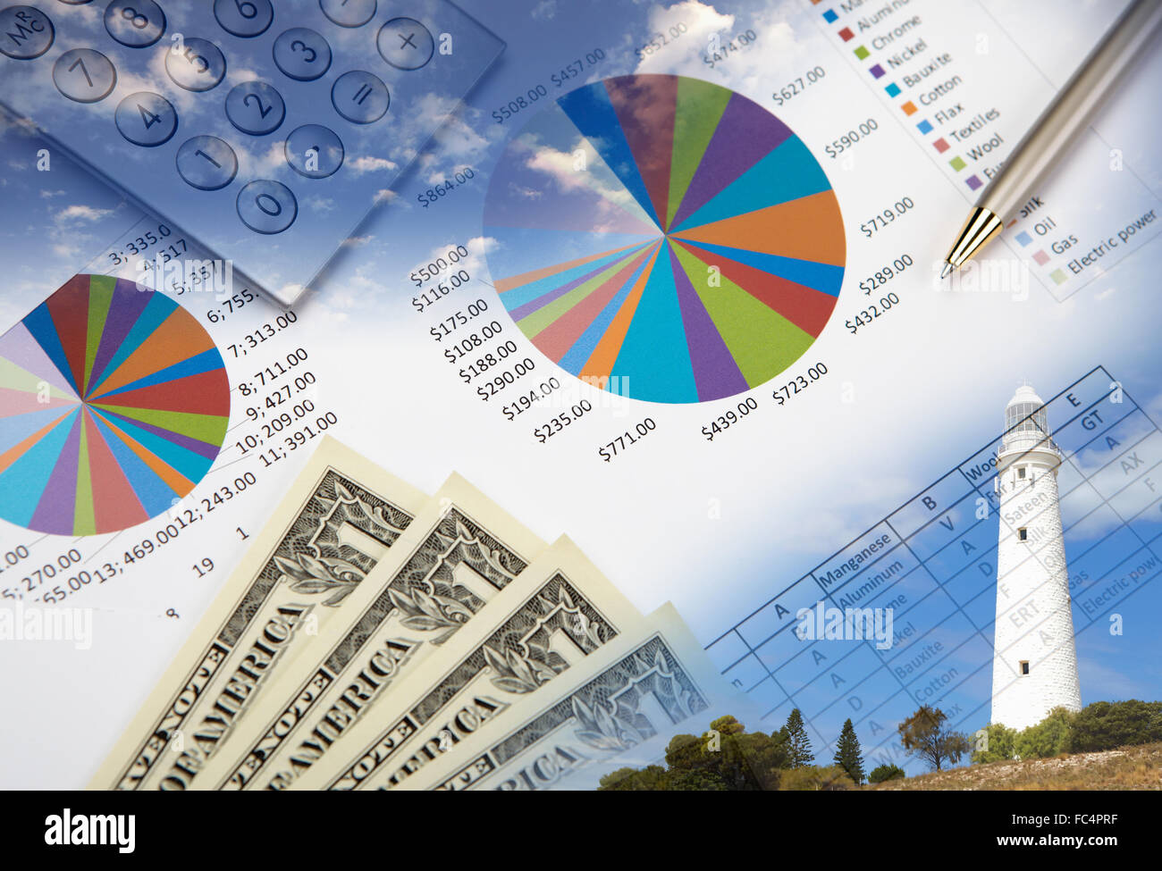 Collage of various business elements. Dollar, stocks, sky, building ...