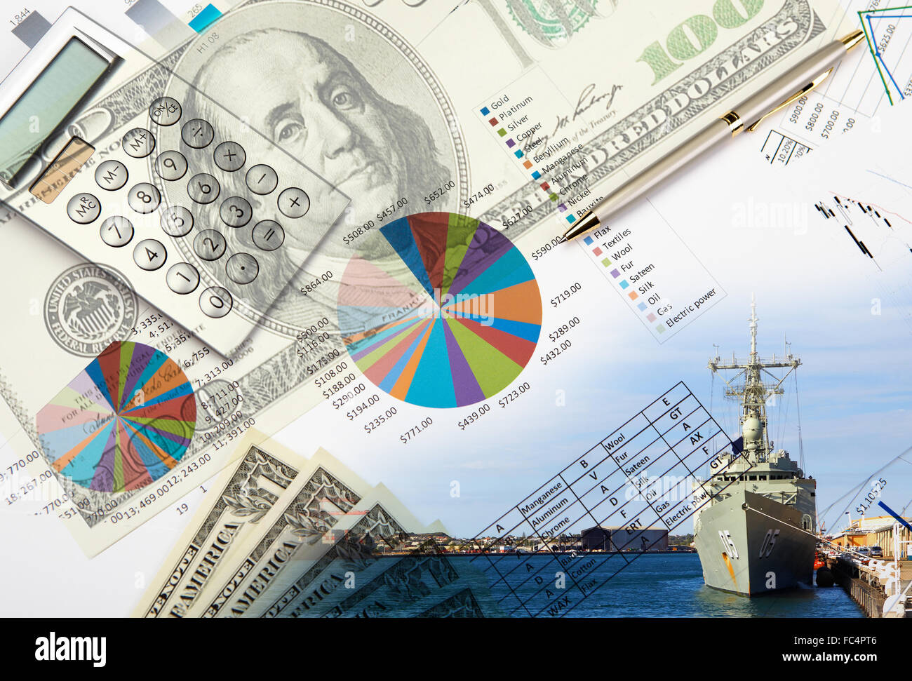 Collage of various business elements. Dollar, stocks, sky, building ...