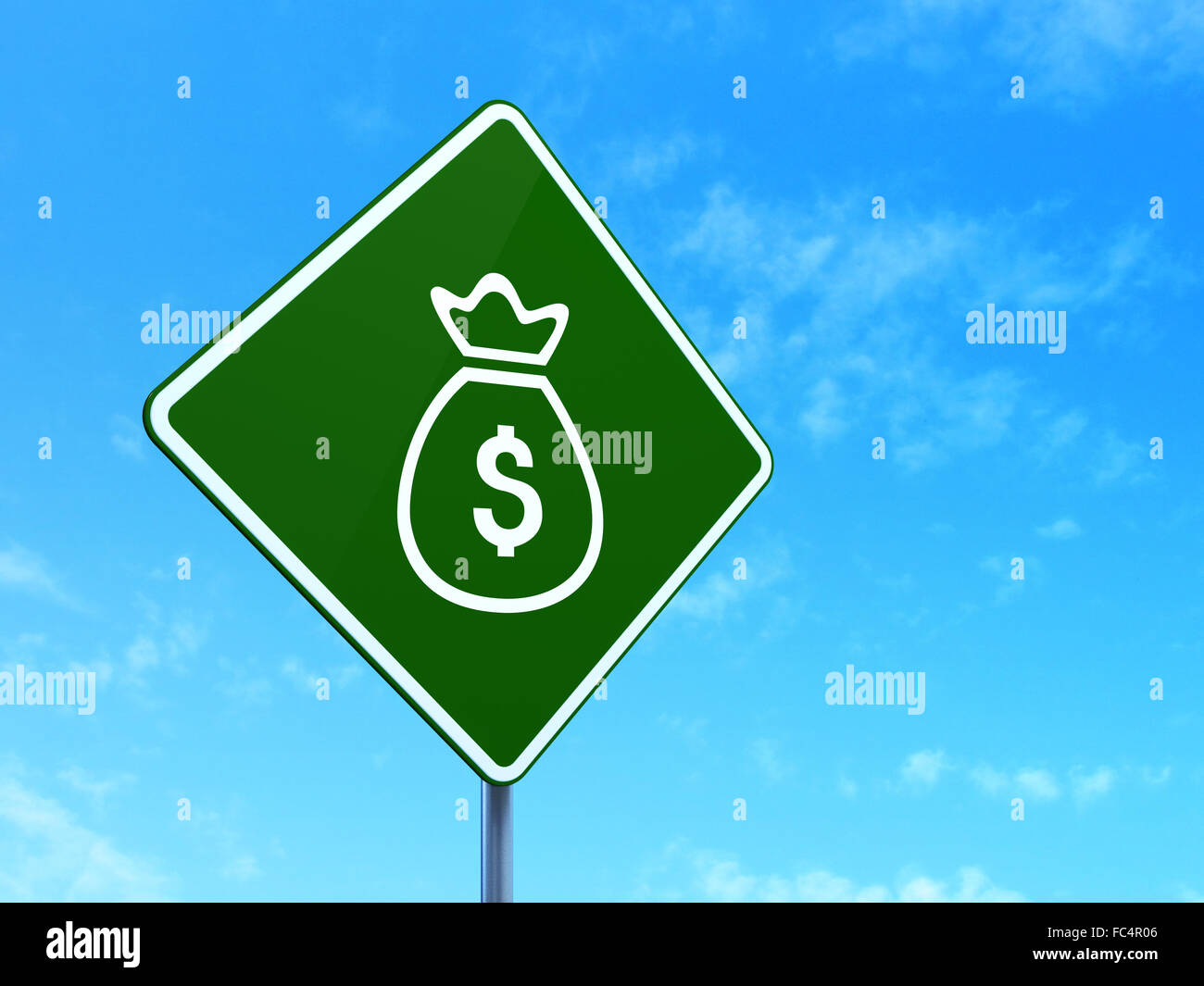 Currency concept: Money Bag on road sign background Stock Photo - Alamy
