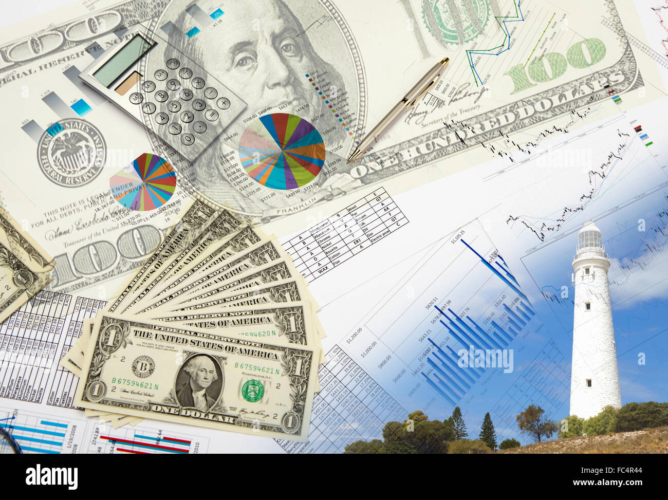 Collage of various business elements. Dollar, stocks, sky, building ...