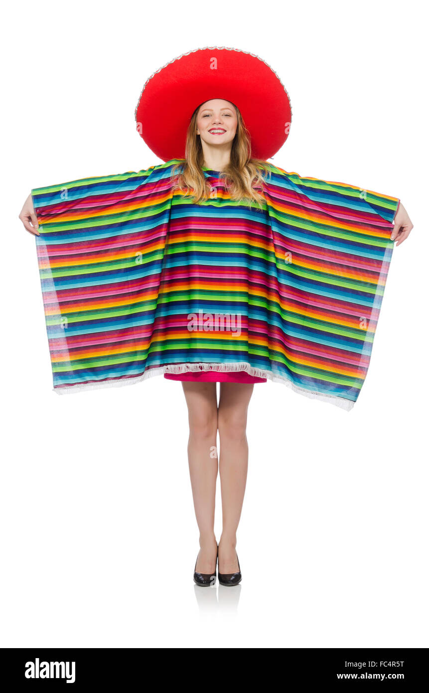 Pretty girl in mexican poncho isolated on white Stock Photo - Alamy