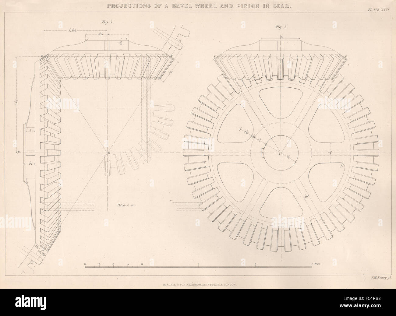 VICTORIAN ENGINEERING DRAWING. Bevel-wheel & pinion in gear ...