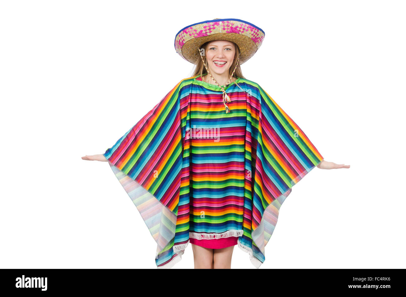 Pretty girl in mexican poncho isolated on white Stock Photo - Alamy