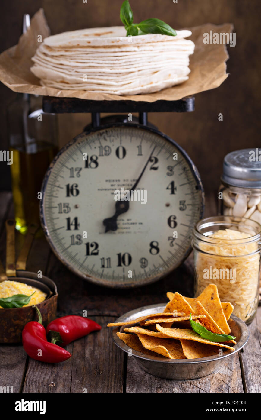 Ingredients for mexican cuisine on vintage scale Stock Photo - Alamy