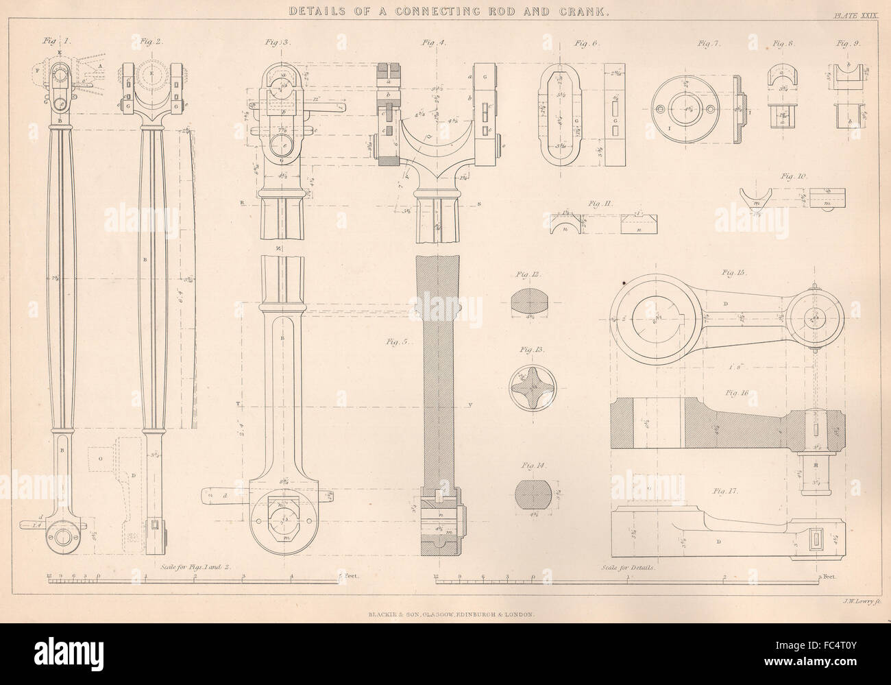 VICTORIAN ENGINEERING DRAWING. Details of a connecting Rod and Crank ...