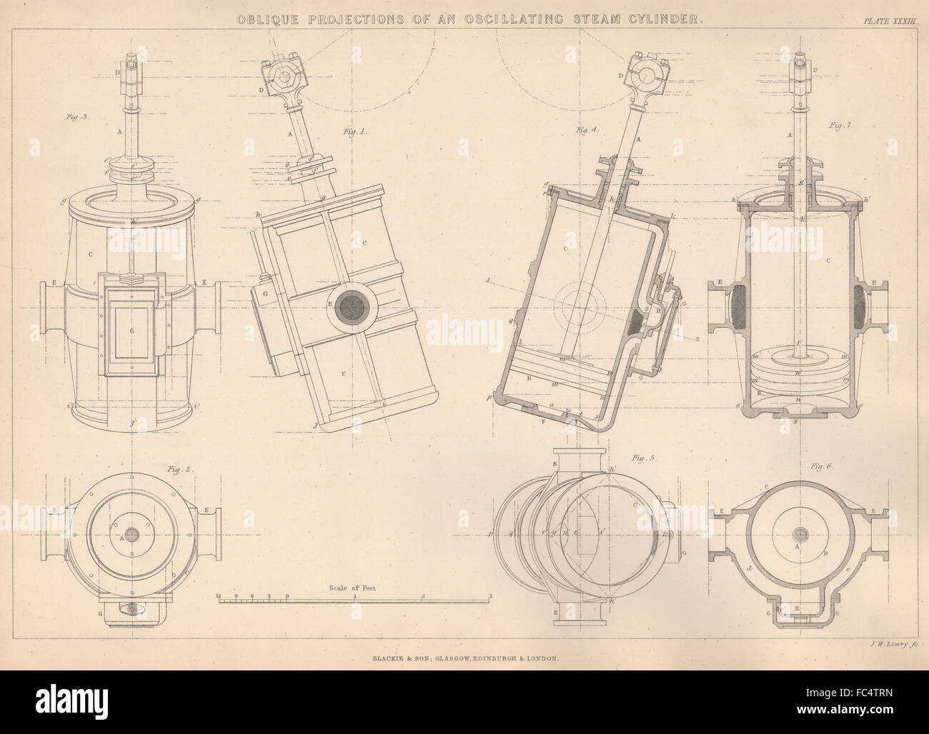 VICTORIAN ENGINEERING DRAWING Oscillating steam cylinder oblique ...