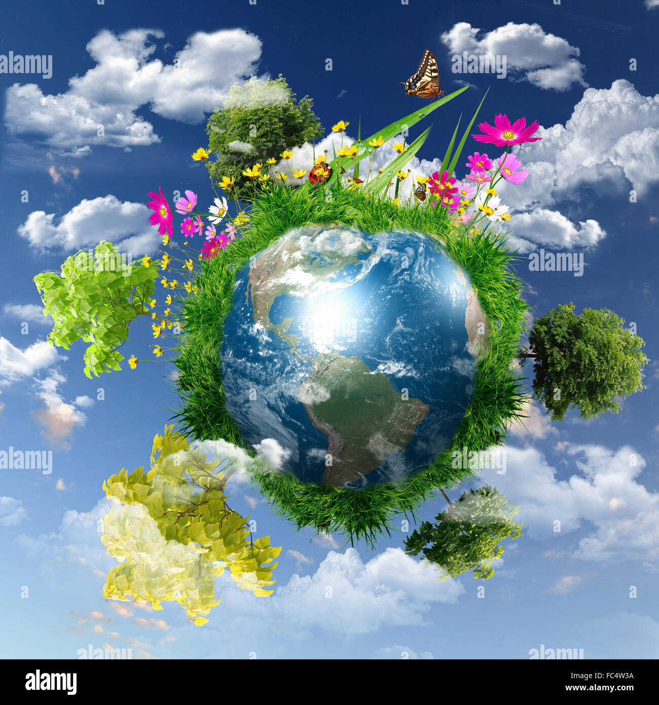 Earth with the different elements on its surface. Humorous collage ...