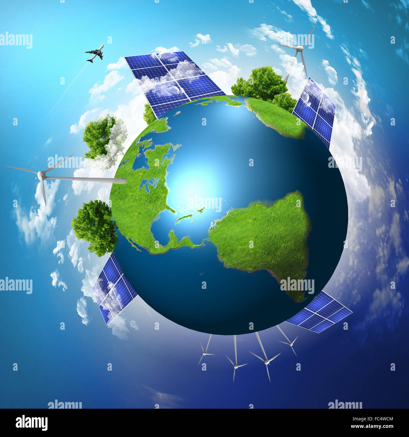 Green planet earth with solar energy batteries installed on it Stock ...