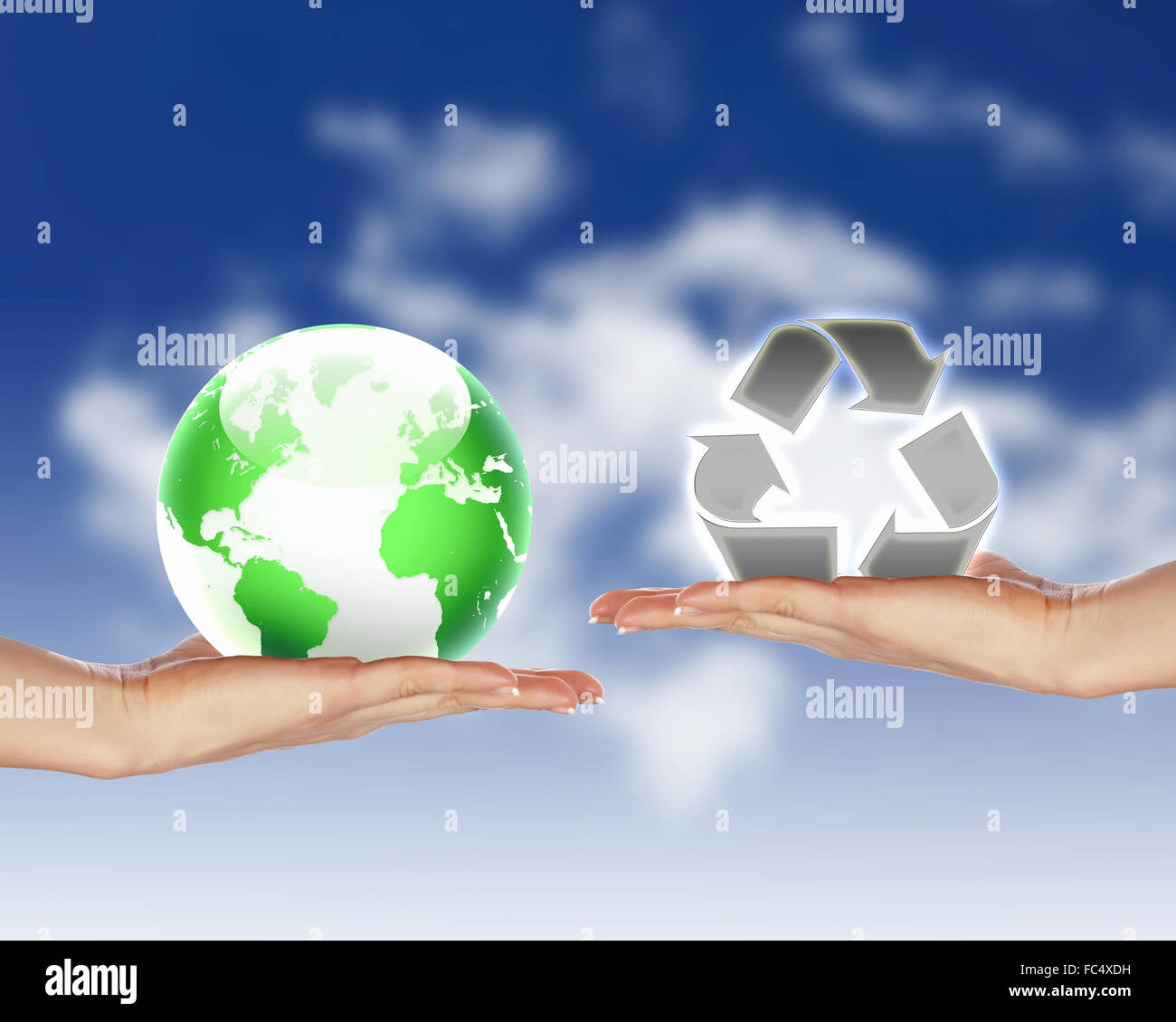 Collage with human hands and ecology symbols Stock Photo - Alamy