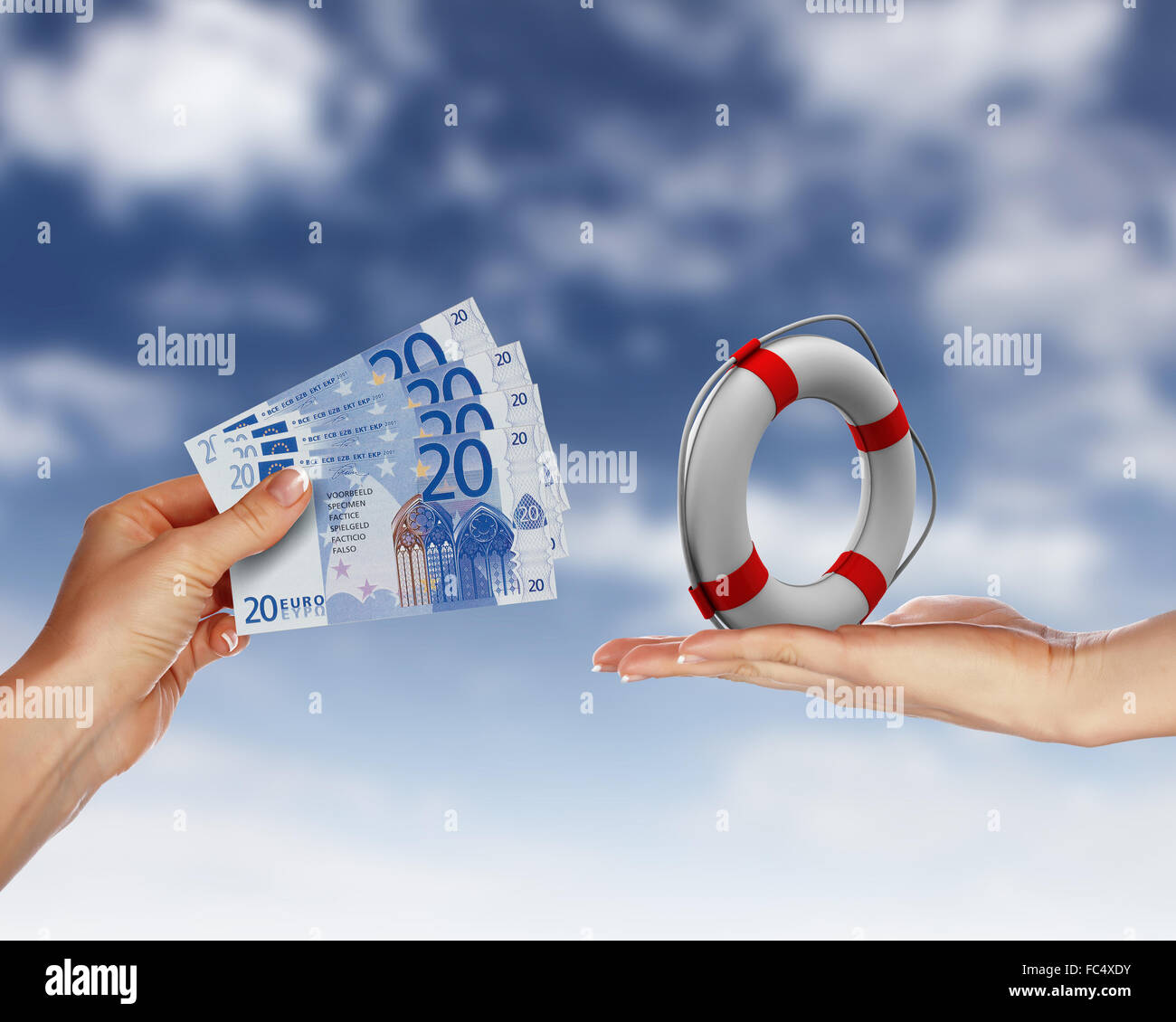 Collage with human hands holding money against blue sky Stock Photo - Alamy