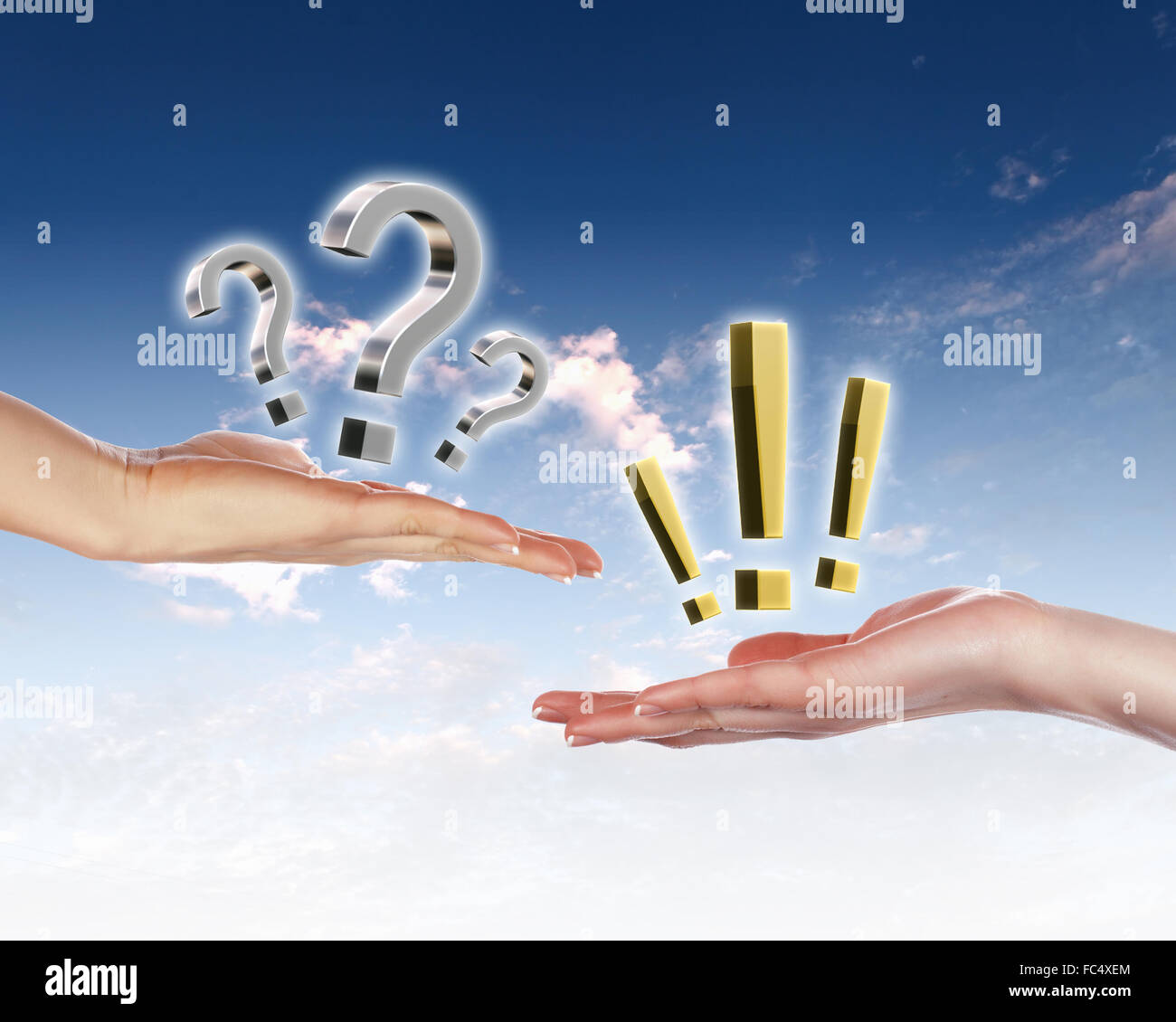 Collage with human hands and question and exclamation signs Stock Photo ...