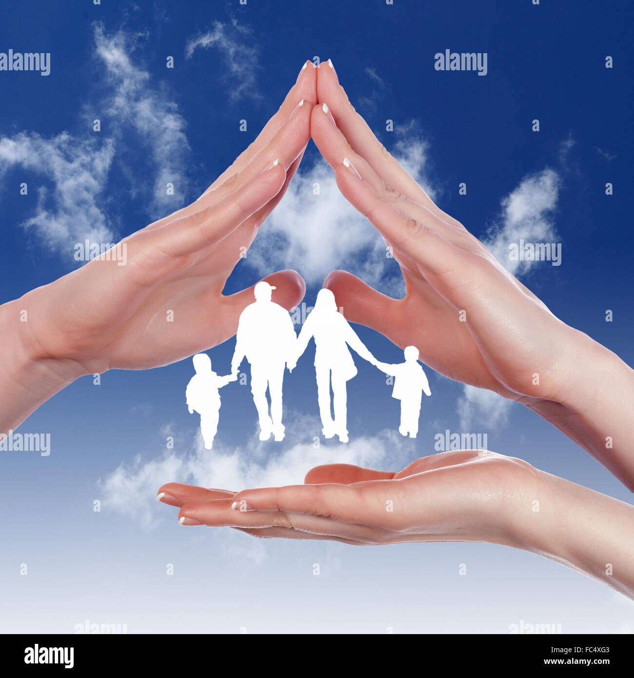 human hand and symbol of house with people inside Stock Photo - Alamy
