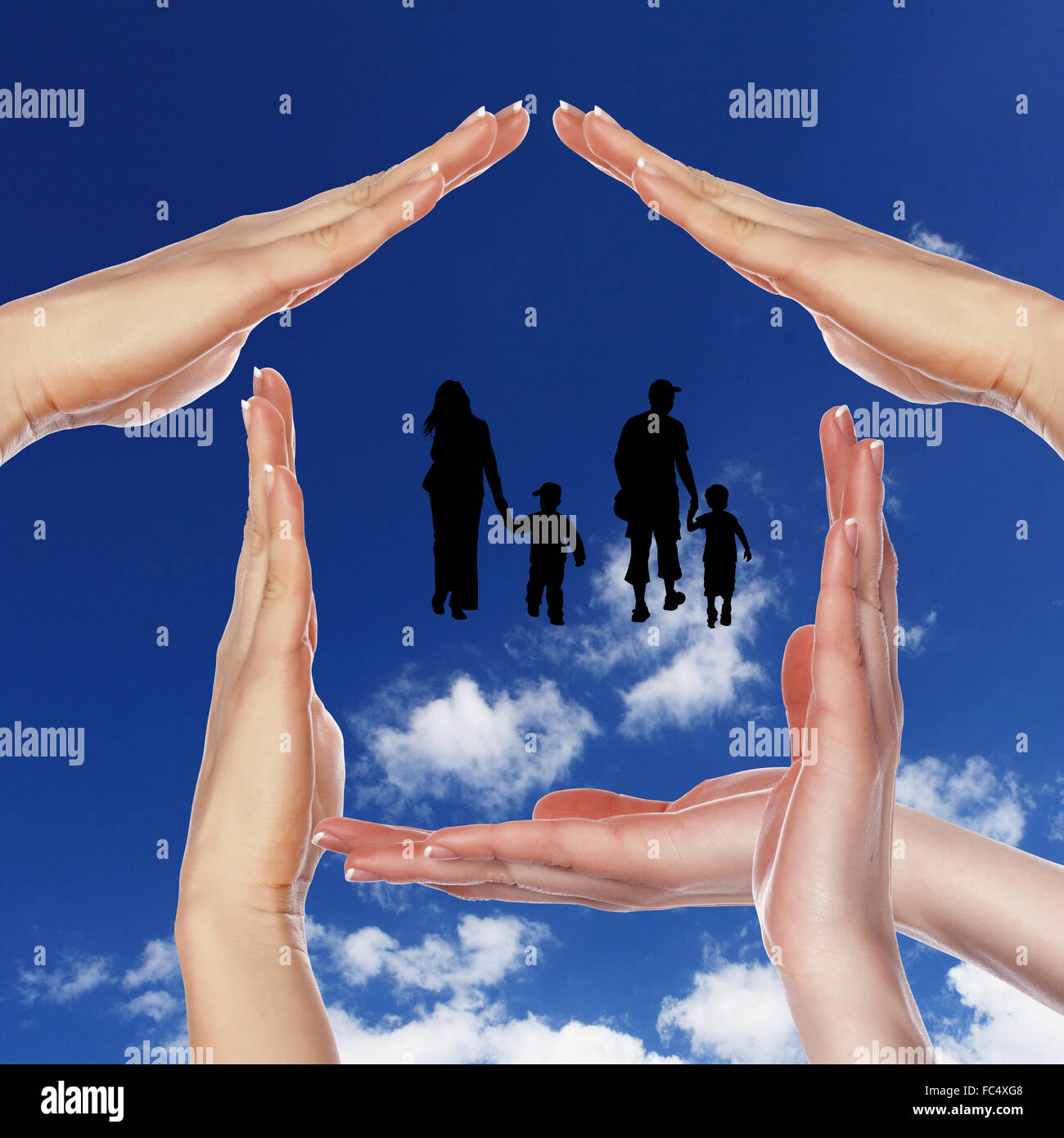 human hand and symbol of house with people inside Stock Photo - Alamy
