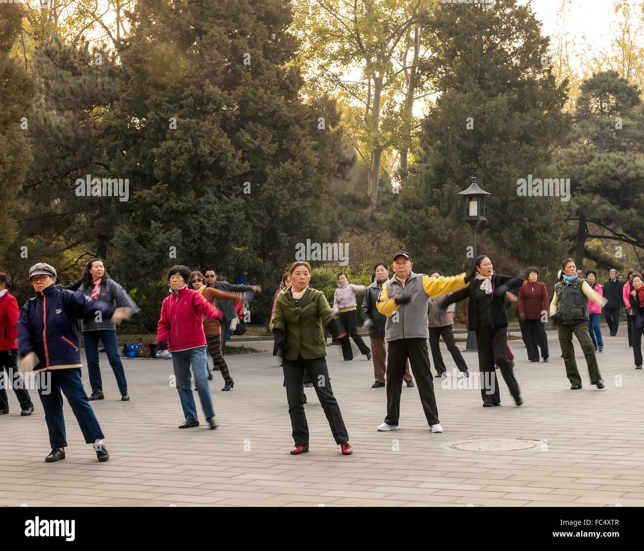 Early morning exercise in the garden of the Temple of Heaven in Beijing ...