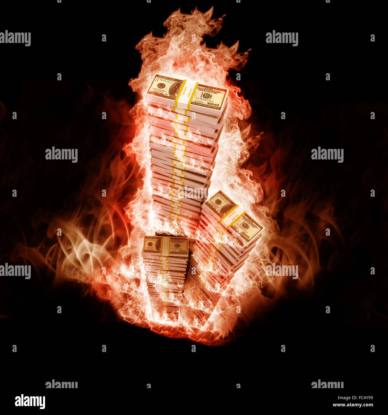 Banknotes open arms fire on a black background Stock Photo - Alamy