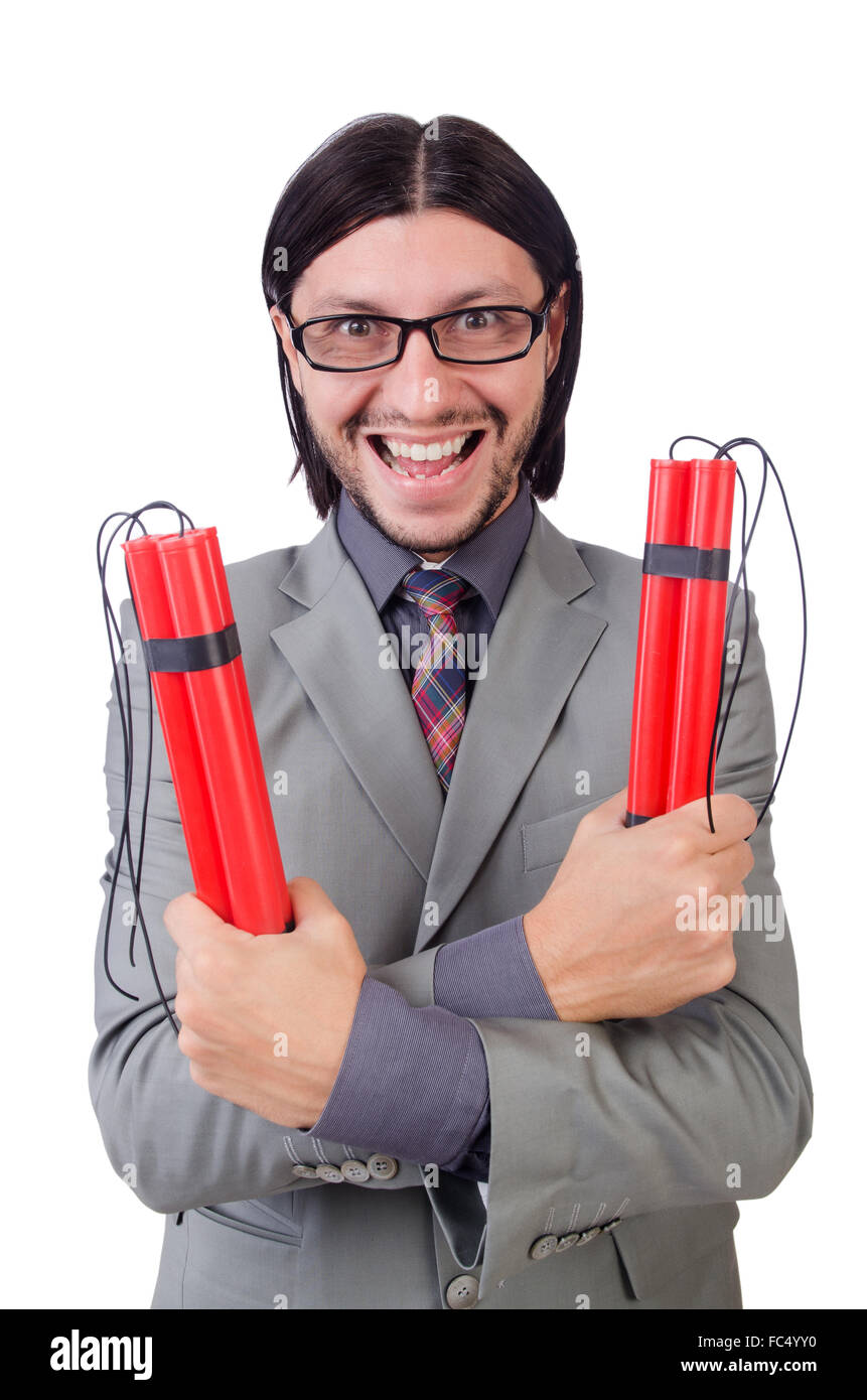 Young businessman holding dynamite isolated on white Stock Photo - Alamy