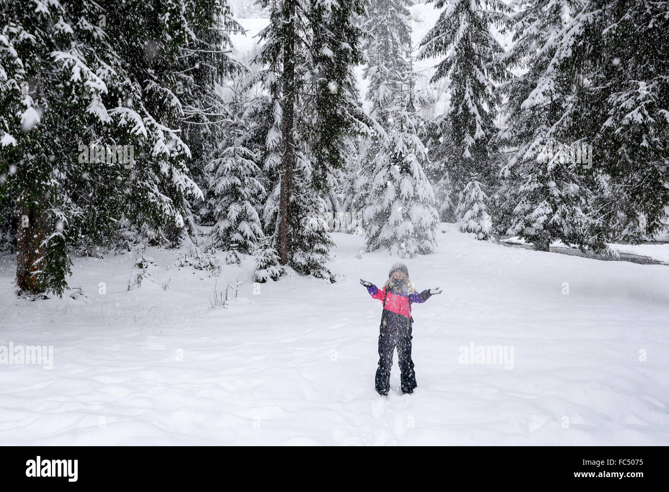 Girl ski suit throwing snow in the air Stock Photo - Alamy