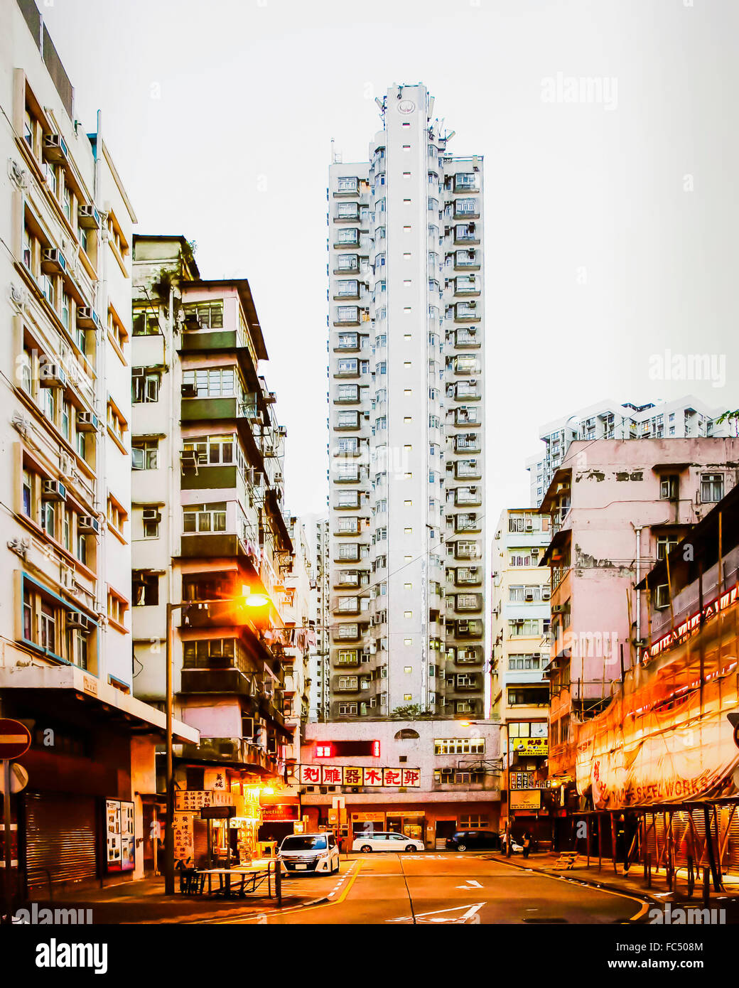 High-rise buildings, a brightly light nice wide city road, glowing ...