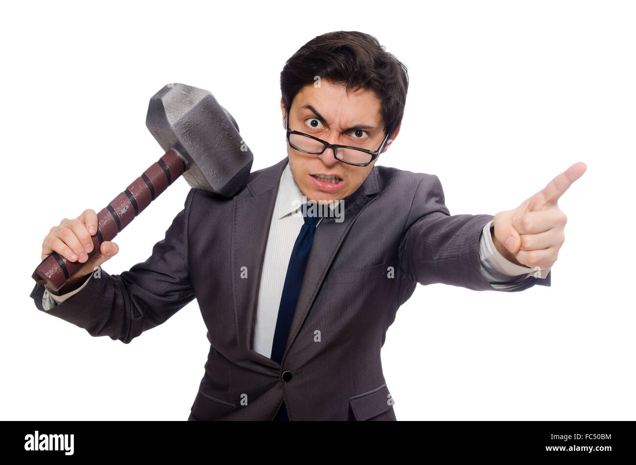 Business man holding hammer isolated on white Stock Photo - Alamy