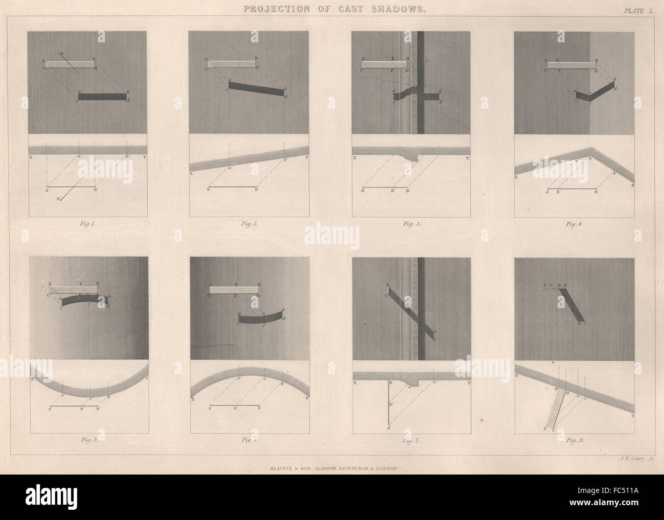 VICTORIAN ENGINEERING DRAWING. Cast shadows projection on vertical ...