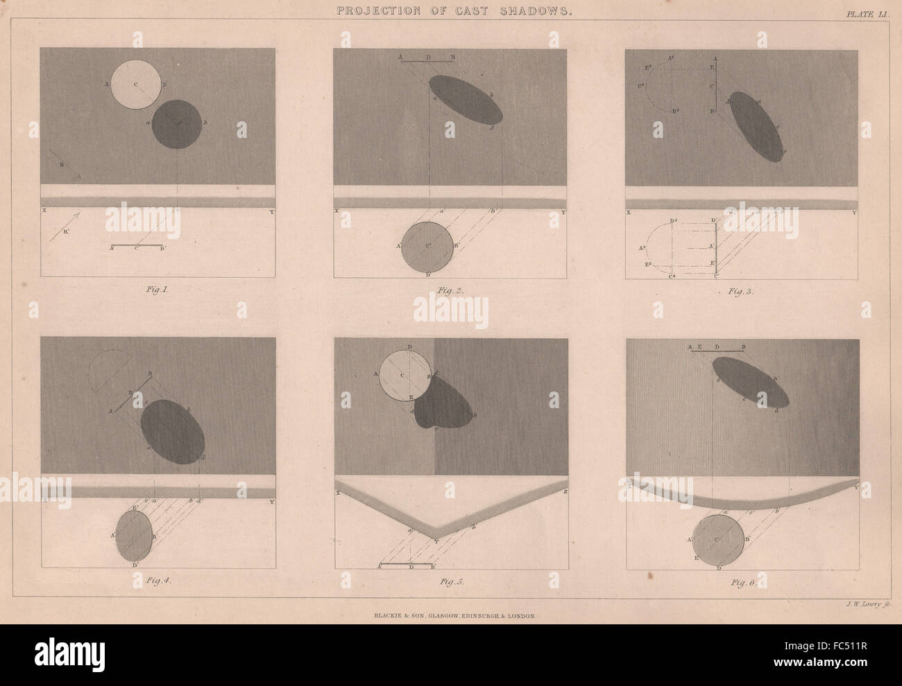 VICTORIAN ENGINEERING DRAWING. Cast shadows projection on vertical ...