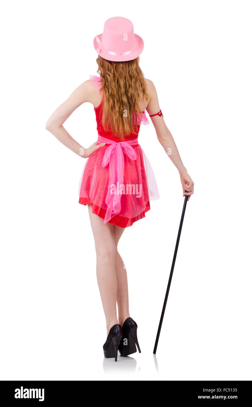 Pretty young wizard in mini pink dress isolated on white Stock Photo ...