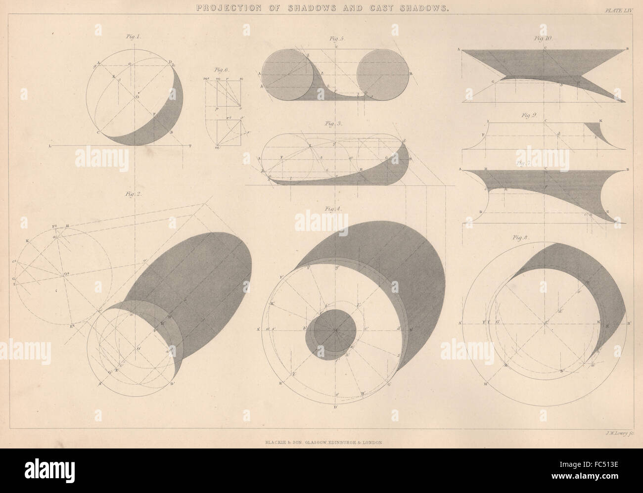 VICTORIAN ENGINEERING DRAWING. Cast shadows projection. Sphere &c ...