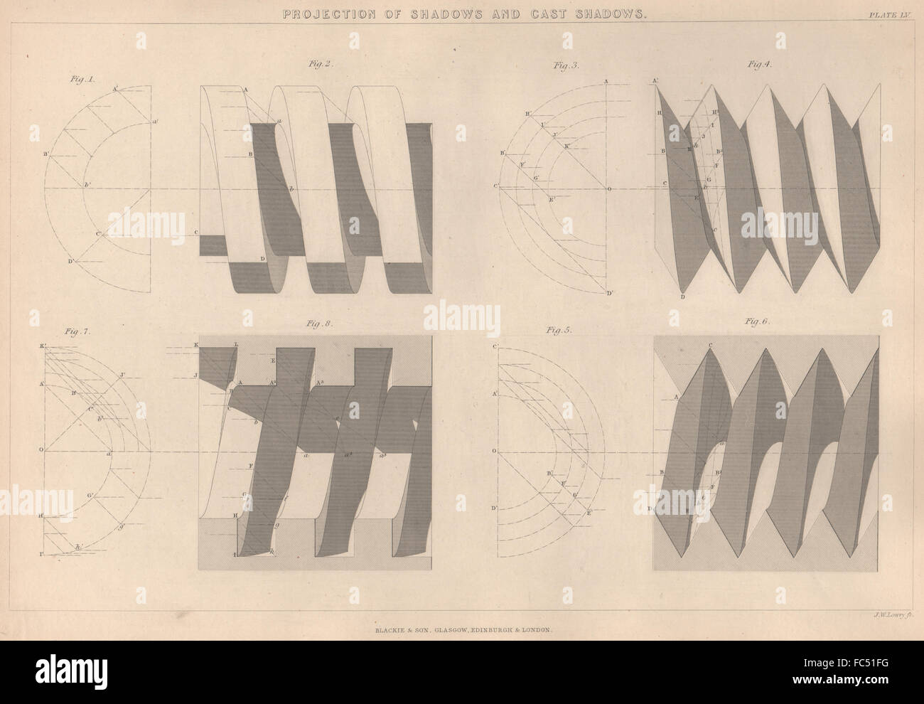 VICTORIAN ENGINEERING DRAWING. Cast shadows projection. Screws/threads ...