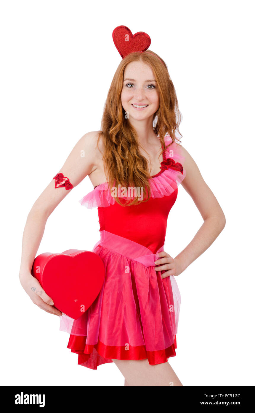 Pretty young model in mini pink dress holding gift box isolated on ...