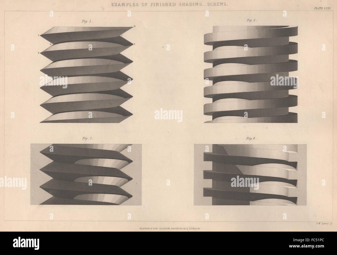 VICTORIAN ENGINEERING DRAWING. Examples of finished shading-Screws ...