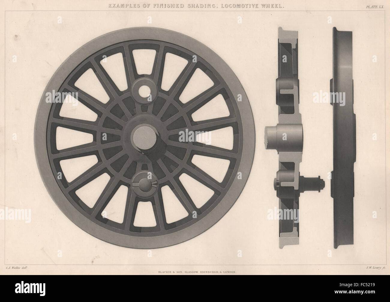 VICTORIAN ENGINEERING DRAWING. Finished shading: Locomotive wheel ...