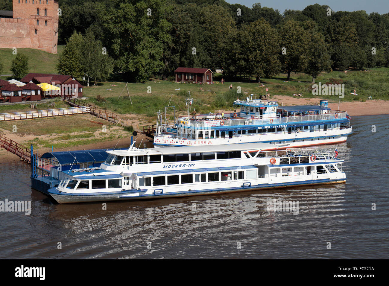 Tourist cruise boats on the Volkhov River in Veliky Novgorod, Novgorod ...