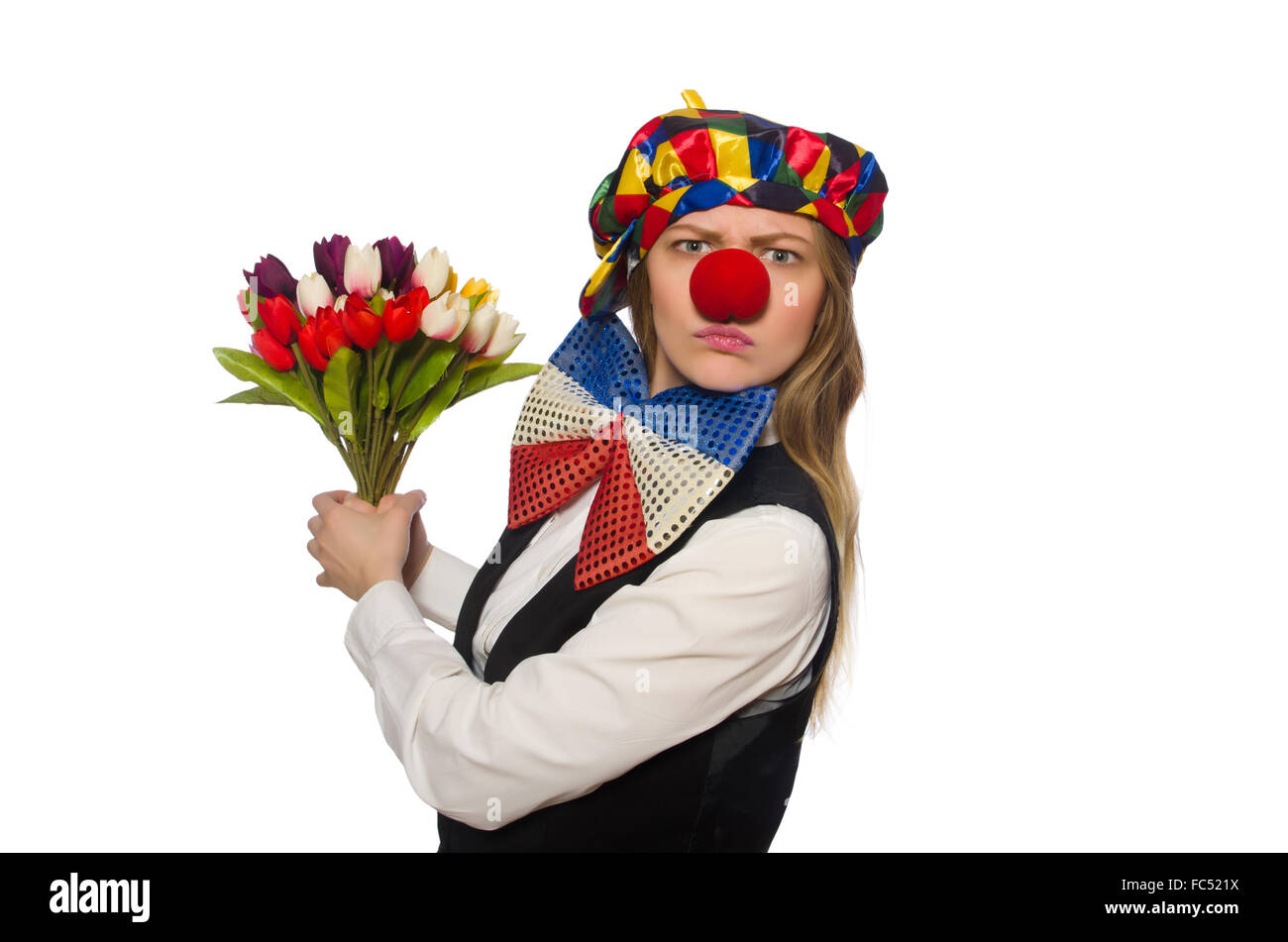 Pretty female clown with flowers isolated on white Stock Photo - Alamy