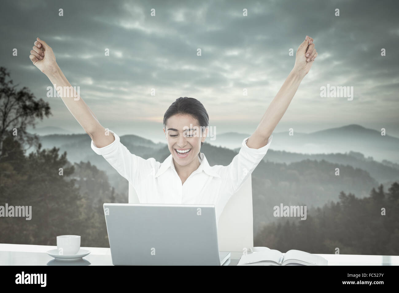 Composite image of businesswoman celebrating a great success Stock ...