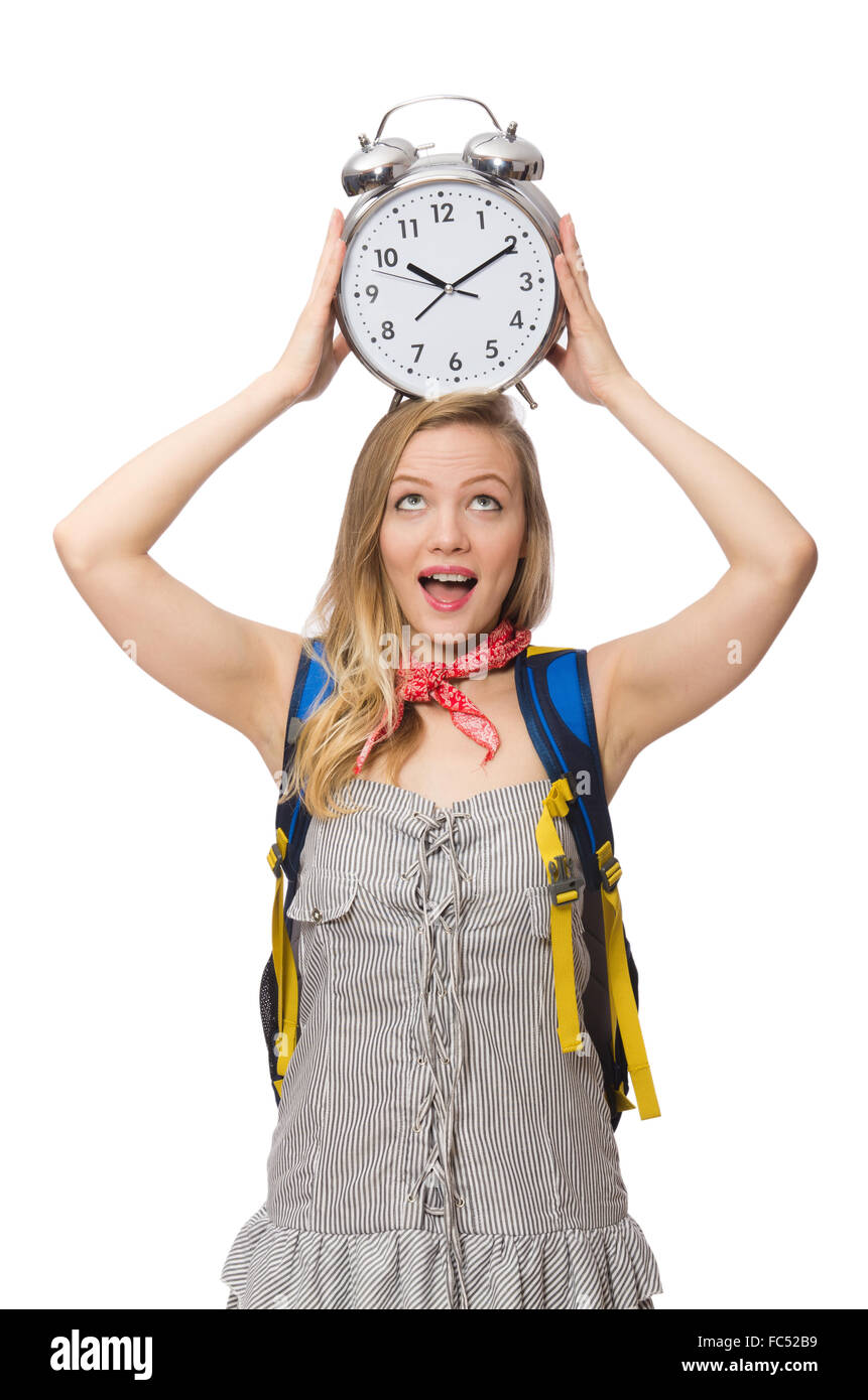 Woman student missing deadlines isolated on white Stock Photo - Alamy