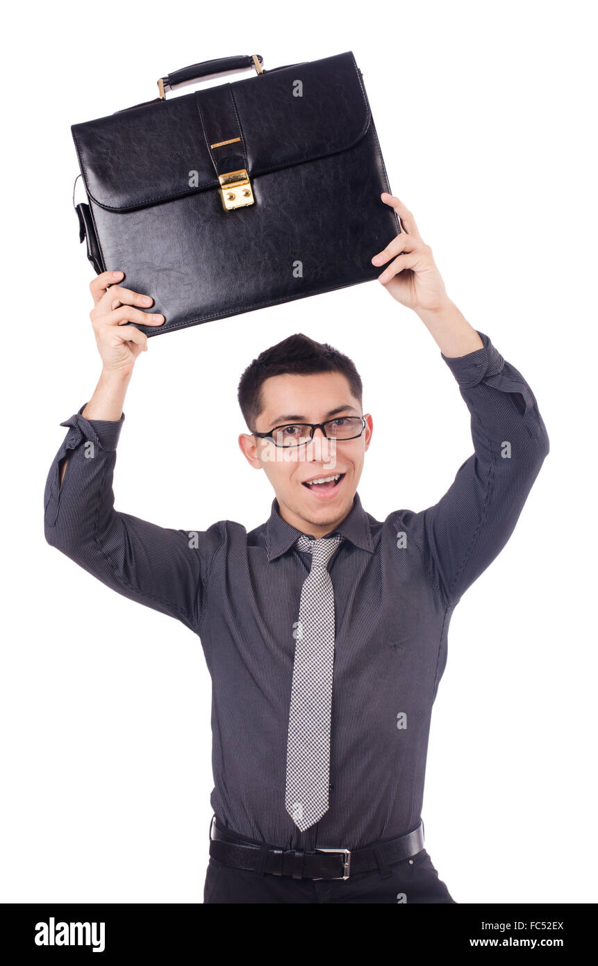 Young man holding briefcase isolated on white Stock Photo - Alamy