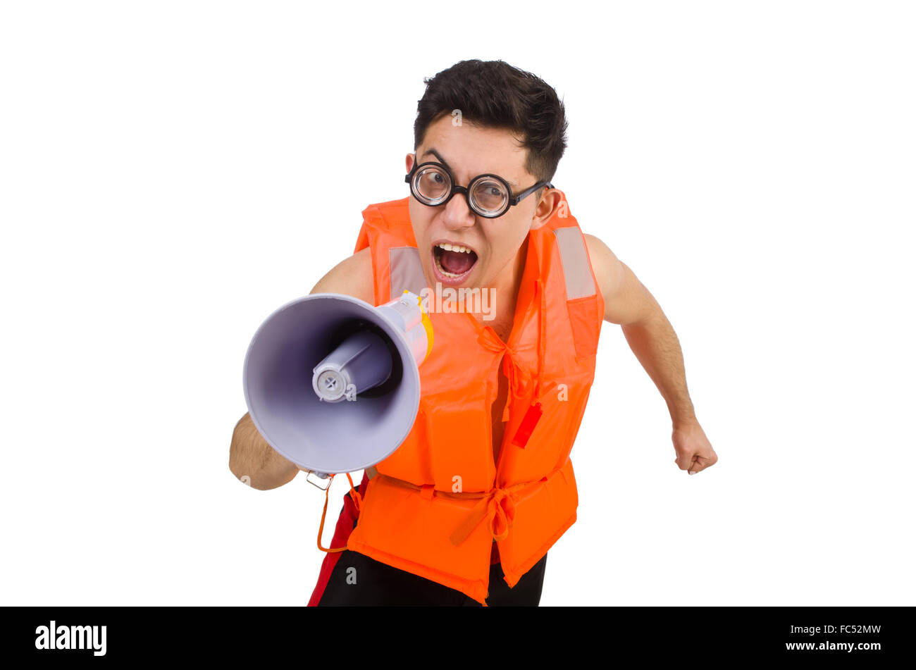 Funny man wearing vest with loudspeaker Stock Photo - Alamy