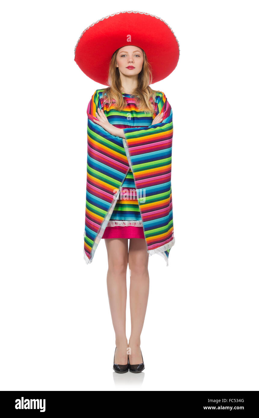 Pretty girl in mexican poncho isolated on white Stock Photo - Alamy