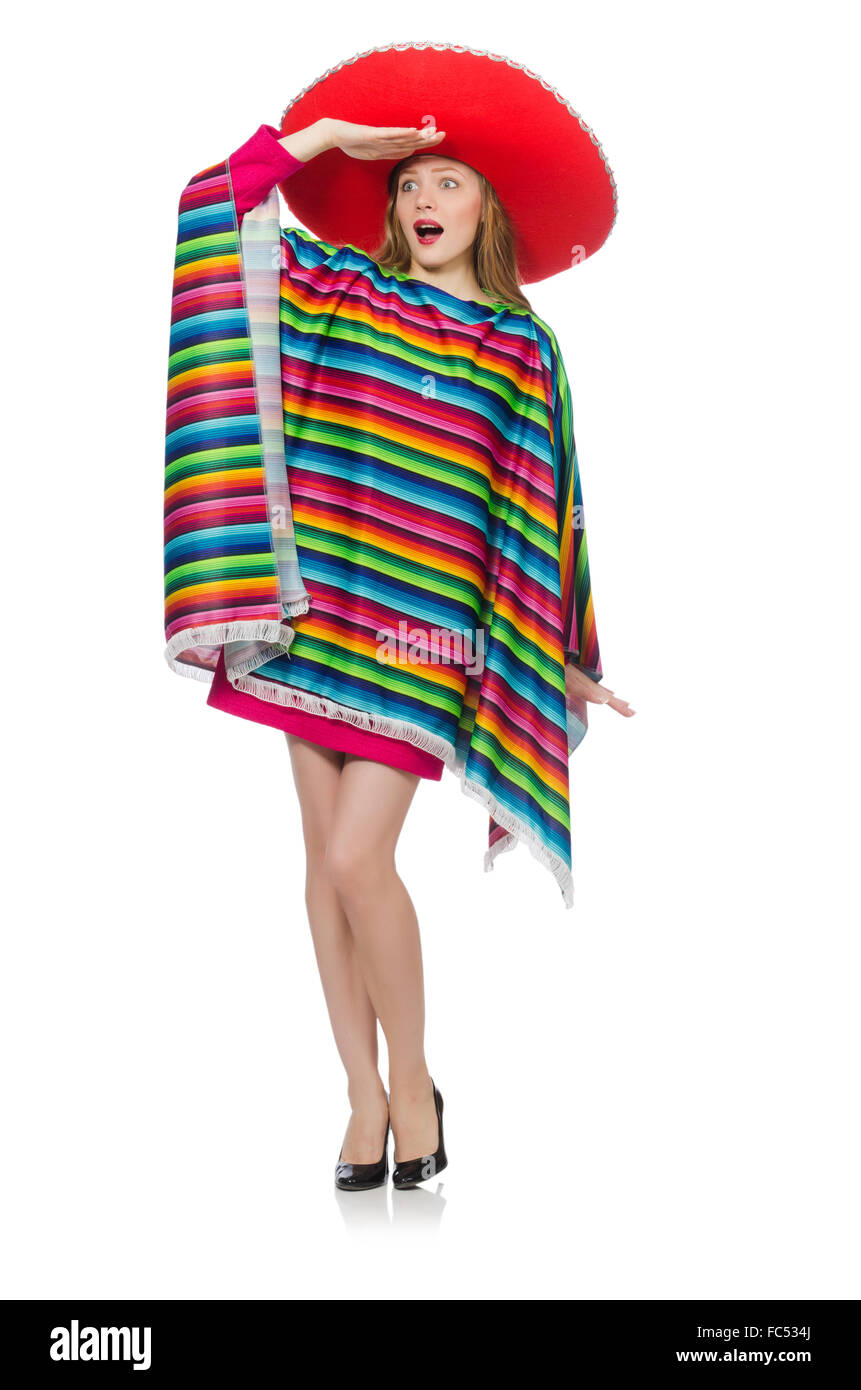 Pretty girl in mexican poncho isolated on white Stock Photo - Alamy